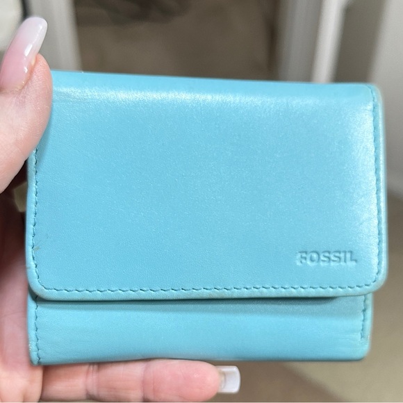 Fossil | Bags | Fossil Blue Mini Leather Trifold Wallet Minimalist ...